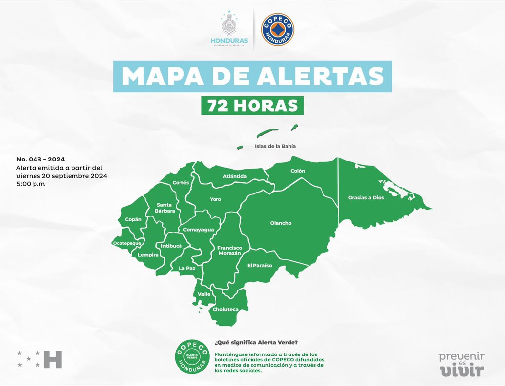 Alerta verde por 72 horas para todo el país